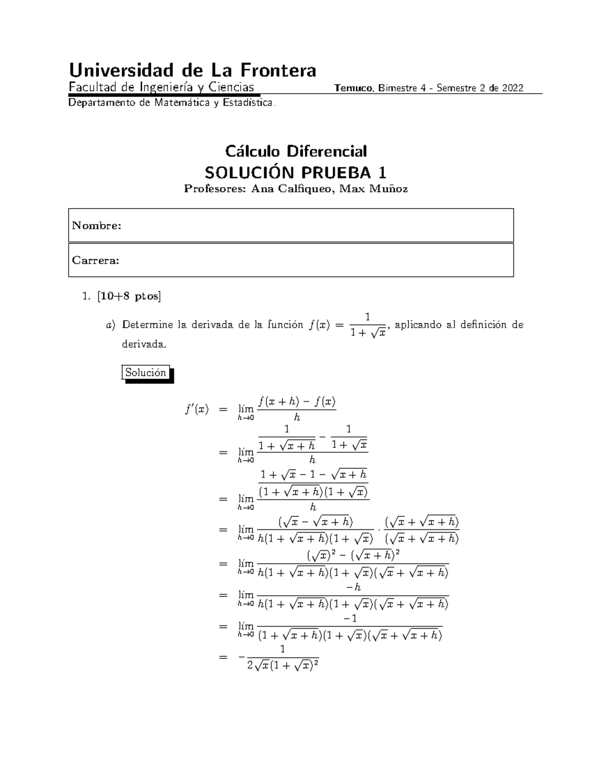 Solución Prueba 1 - Universidad de La Frontera Facultad de Ingenier ́ıa ...