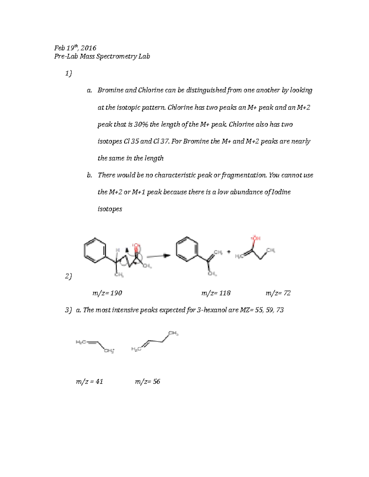 Pre lab mass spec chem 352L - Feb 19th, 2016 Pre-Lab Mass Spectrometry ...