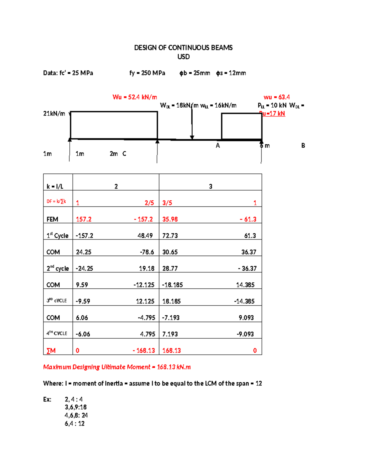 Notes for Reinforced Concrete - DESIGN OF CONTINUOUS BEAMS USD Data: fc ...