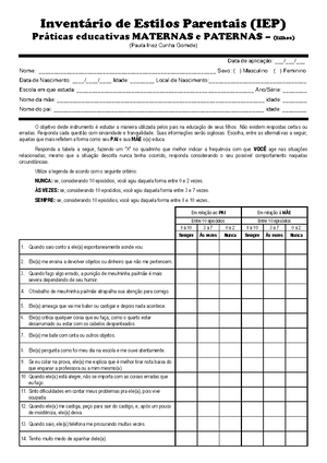 Inventário de Estilos Parentais - IEP - INVENTÁRIO DE ESTILOS PARENTAIS (IEP Práticas Educativas ...