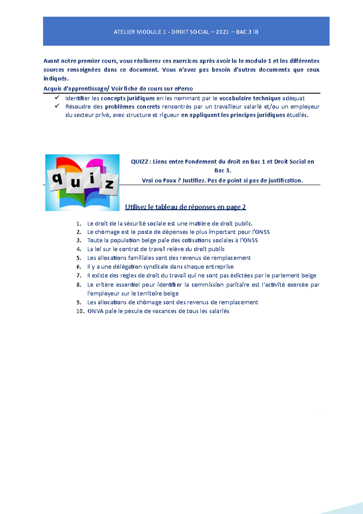 Atelier Module 1 Droit social 3IB 2021 - Avant notre premier cours ...