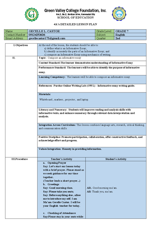 Sample English 4AS Detailed Lesson PLAN Students COPY - Green Valley ...