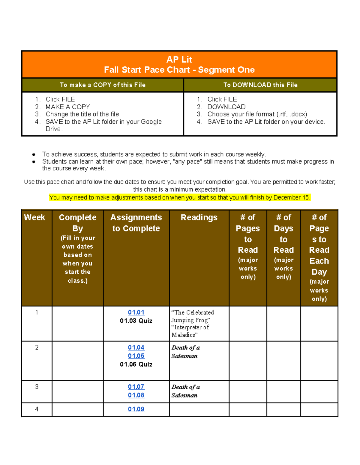AP Lit Fall Seg1 Pace Chart - AP Lit Fall Start Pace Chart - Segment ...