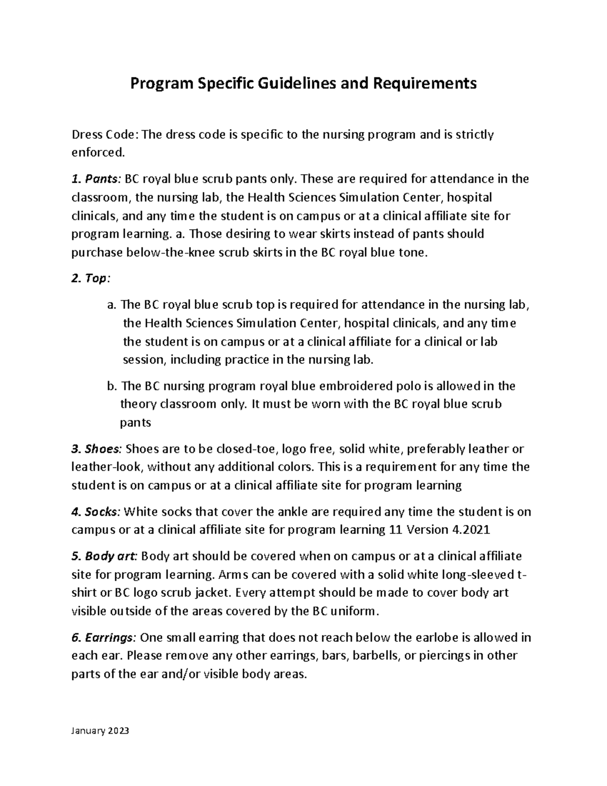 Uniform Policy-Dress Code - January 2023 Program Specific Guidelines ...