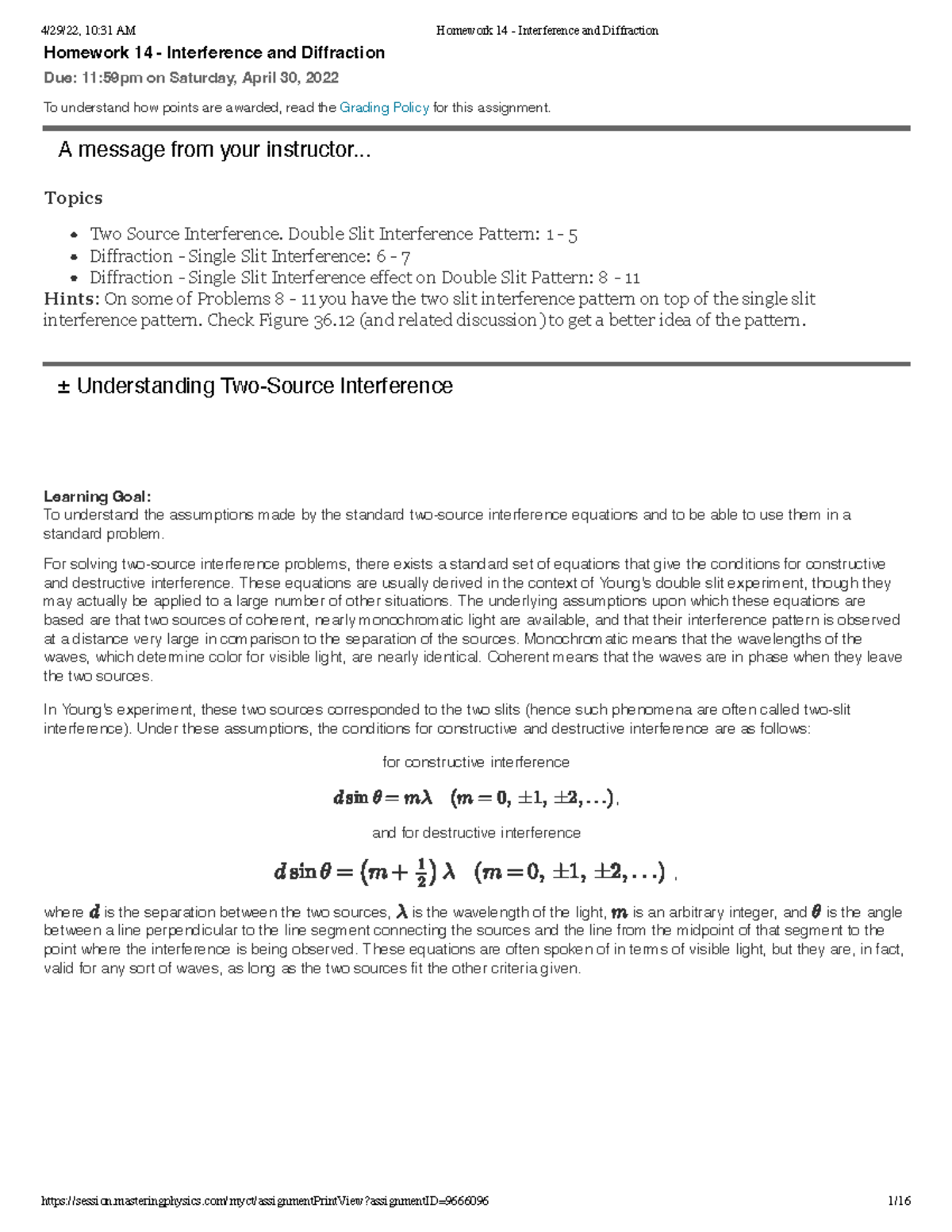 Homework 14 - Interference and Diffraction - Homework 14 - Interference ...