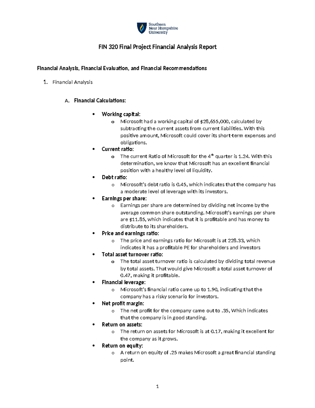FIN 320 Final Project Financial Analysis Report - Financial Analysis A ...