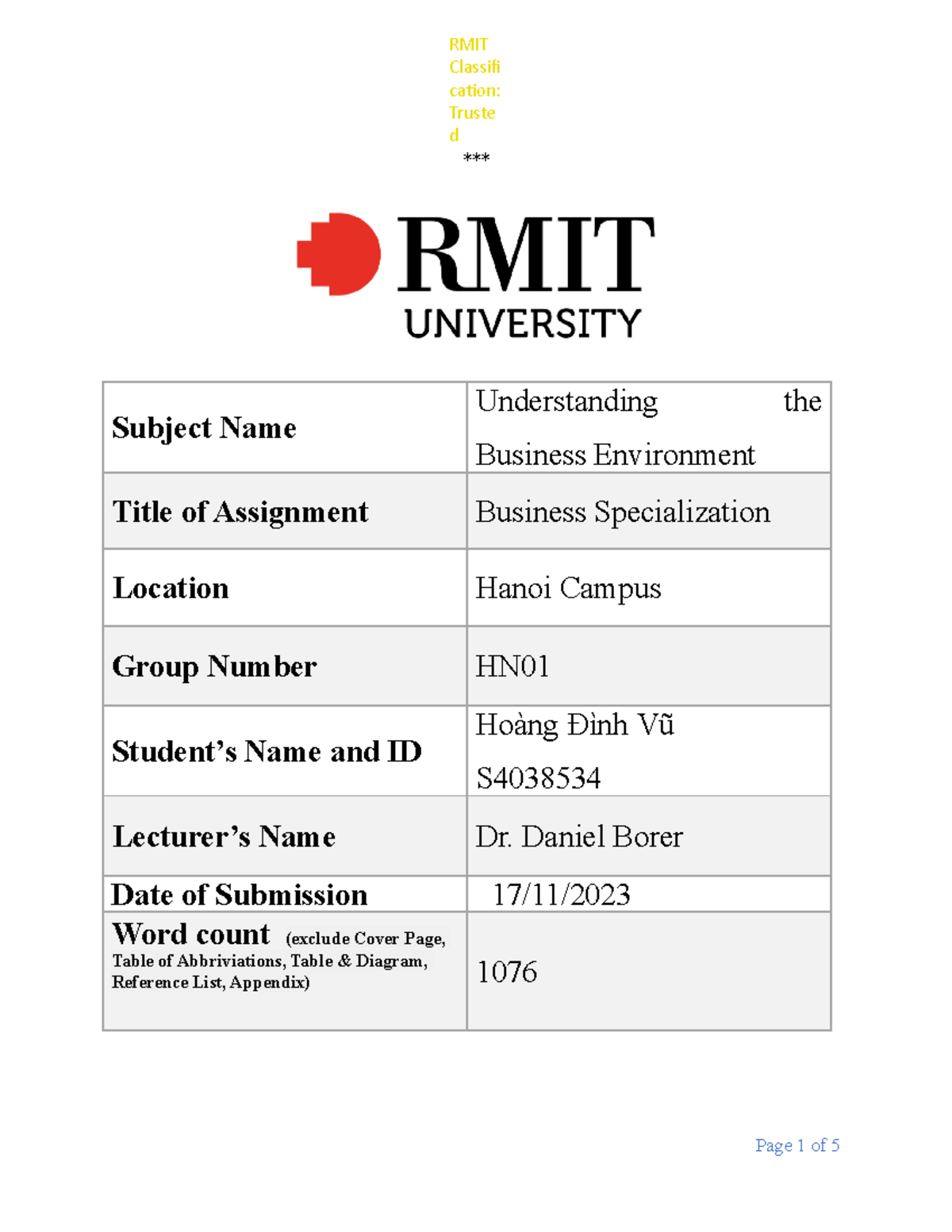 Assignment 1 BUSM2565 HN1 s4038534 - *** Subject Name Understanding the ...