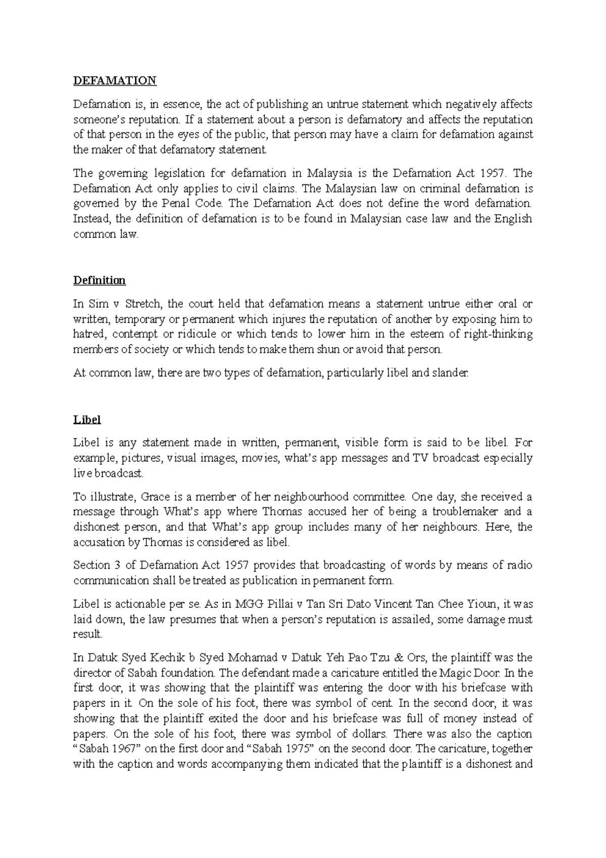 Defamation - Lecture notes law of torts II - DEFAMATION Defamation is ...