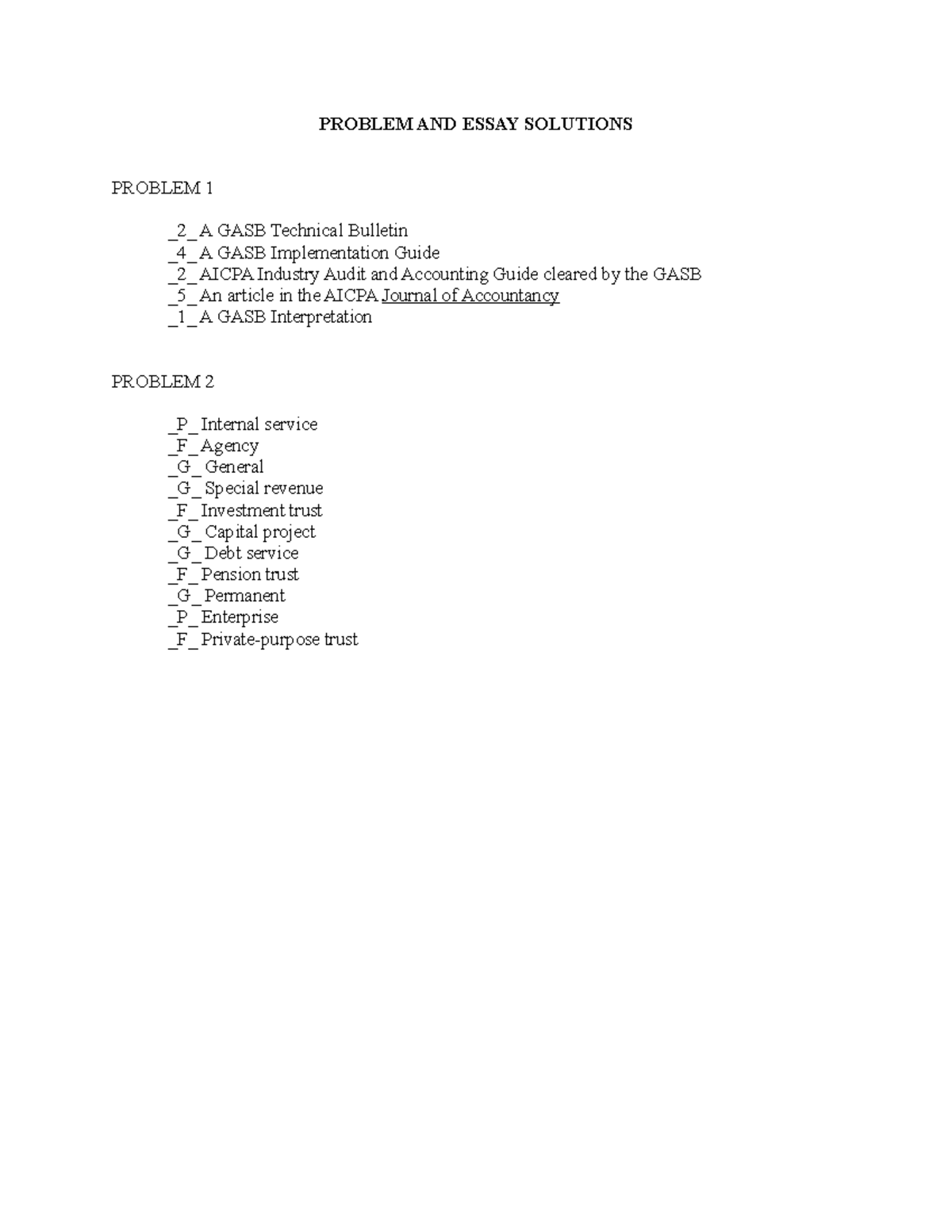 Problem AND Essay Solutions - PROBLEM AND ESSAY SOLUTIONS PROBLEM 1 2 A GASB Technical Bulletin ...
