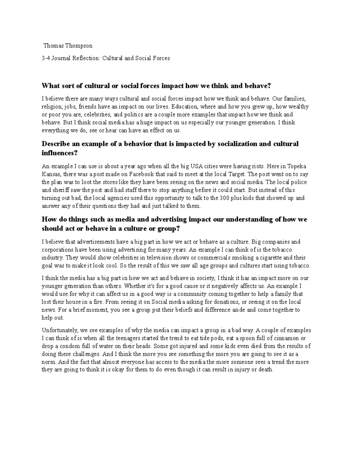 3-4 Journal Reflection Cultural and Social Forces - SCS 100 - SNHU ...