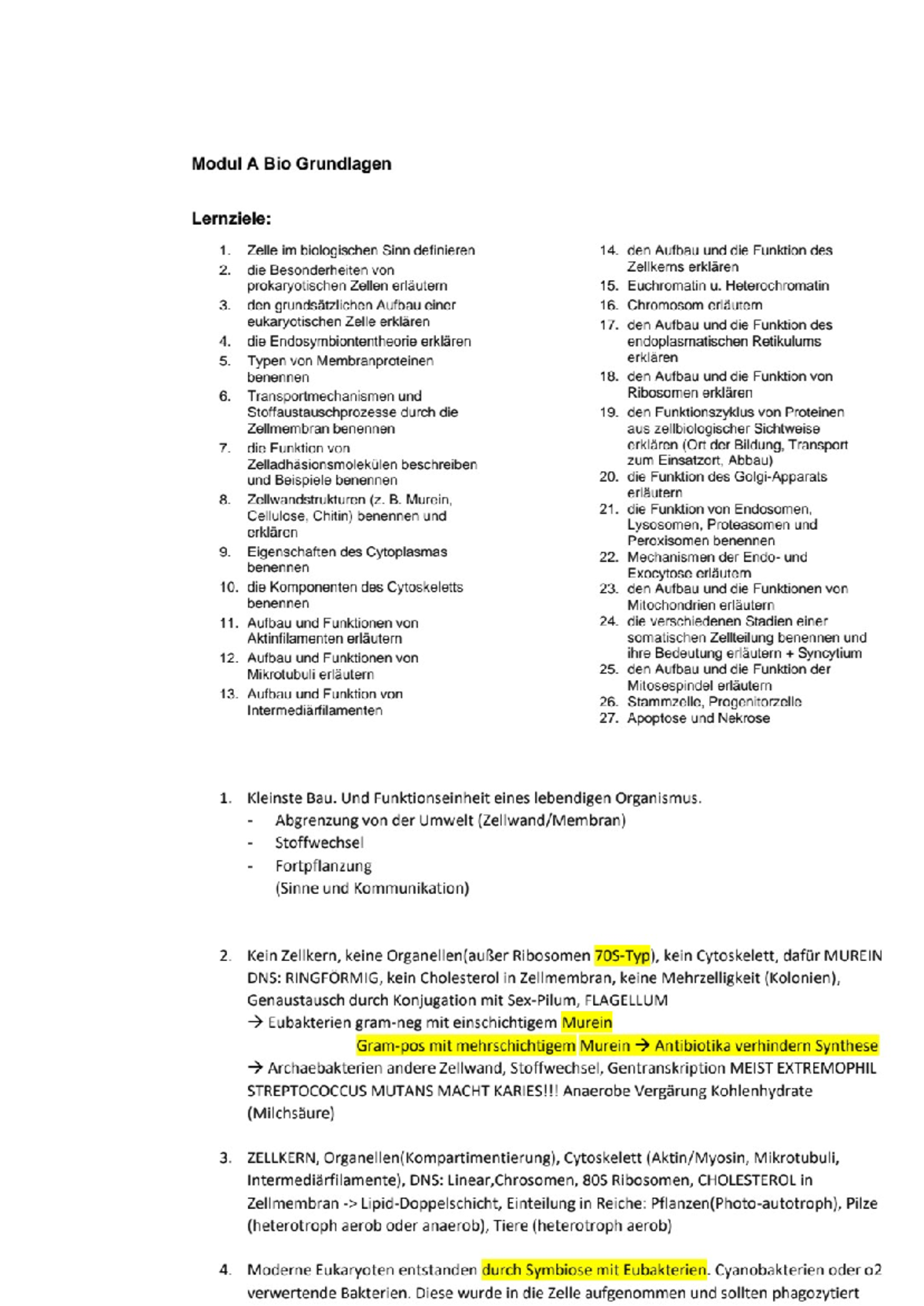 Modul A Biologie - Modul A Bio Grundlagen Lernziele: 1. Zelle im ...