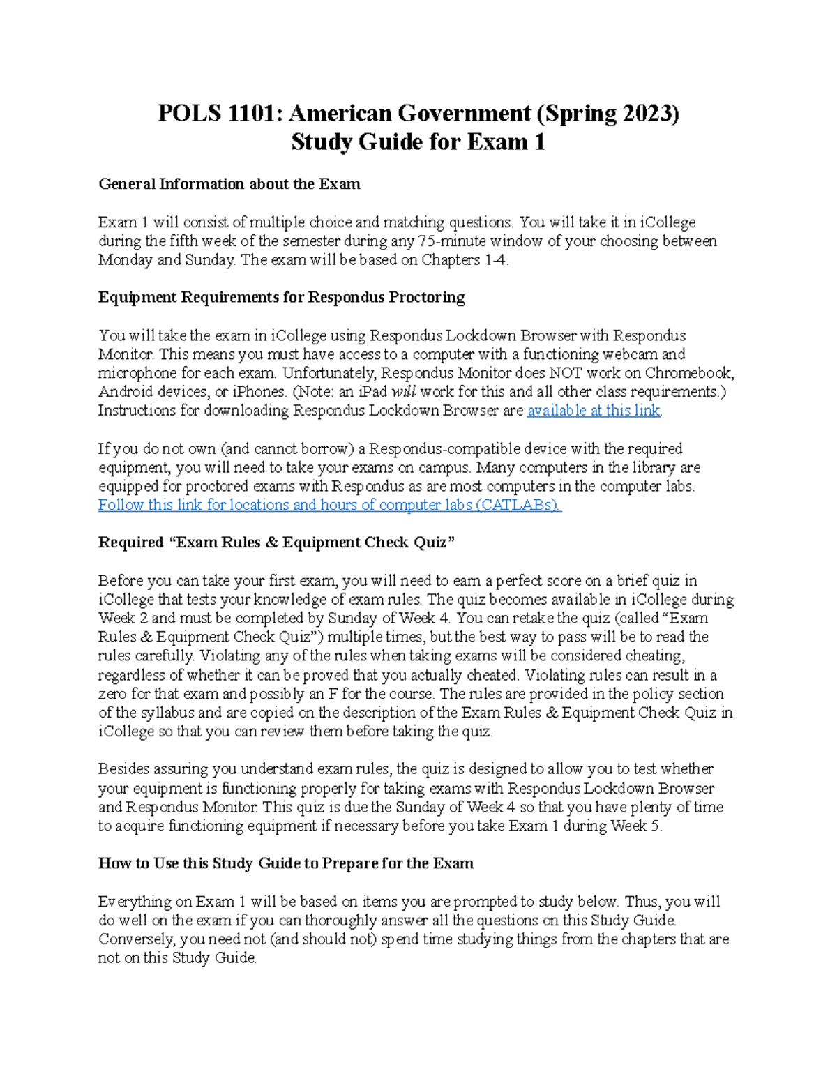 Exam%201%20Study%20Guide%20S23 - POLS 1101: American Government (Spring ...