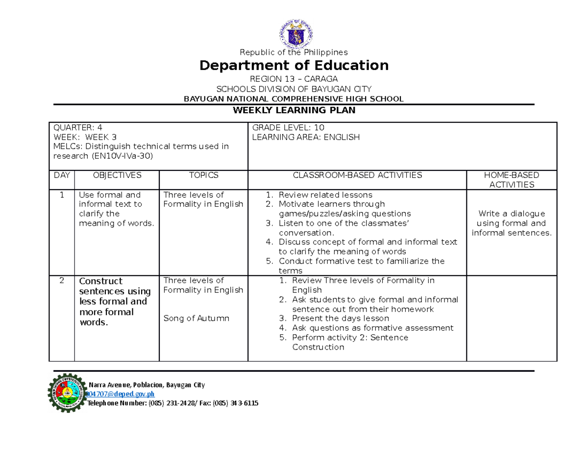 Cabilin - Weekly- Learning-PLAN - Republic of the Philippines ...