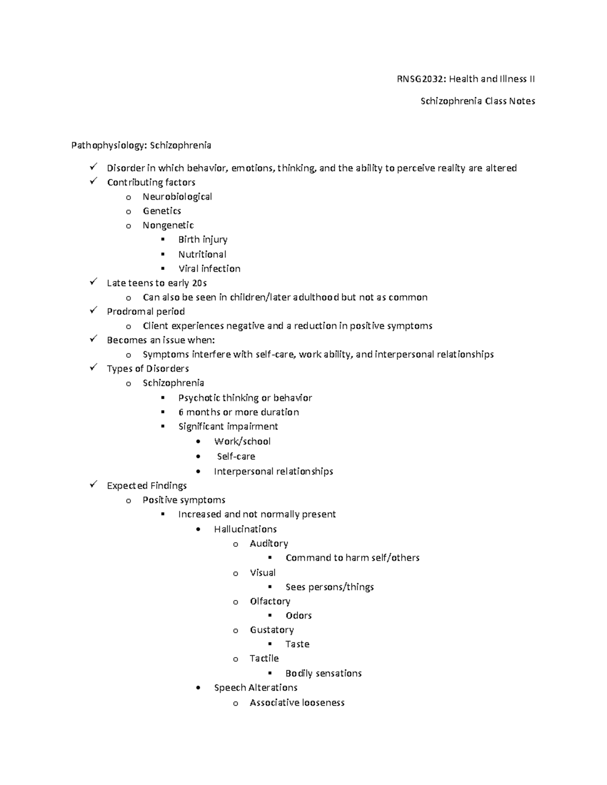 Schizophrenia Class Notes - RNSG2032: Health and Illness II ...