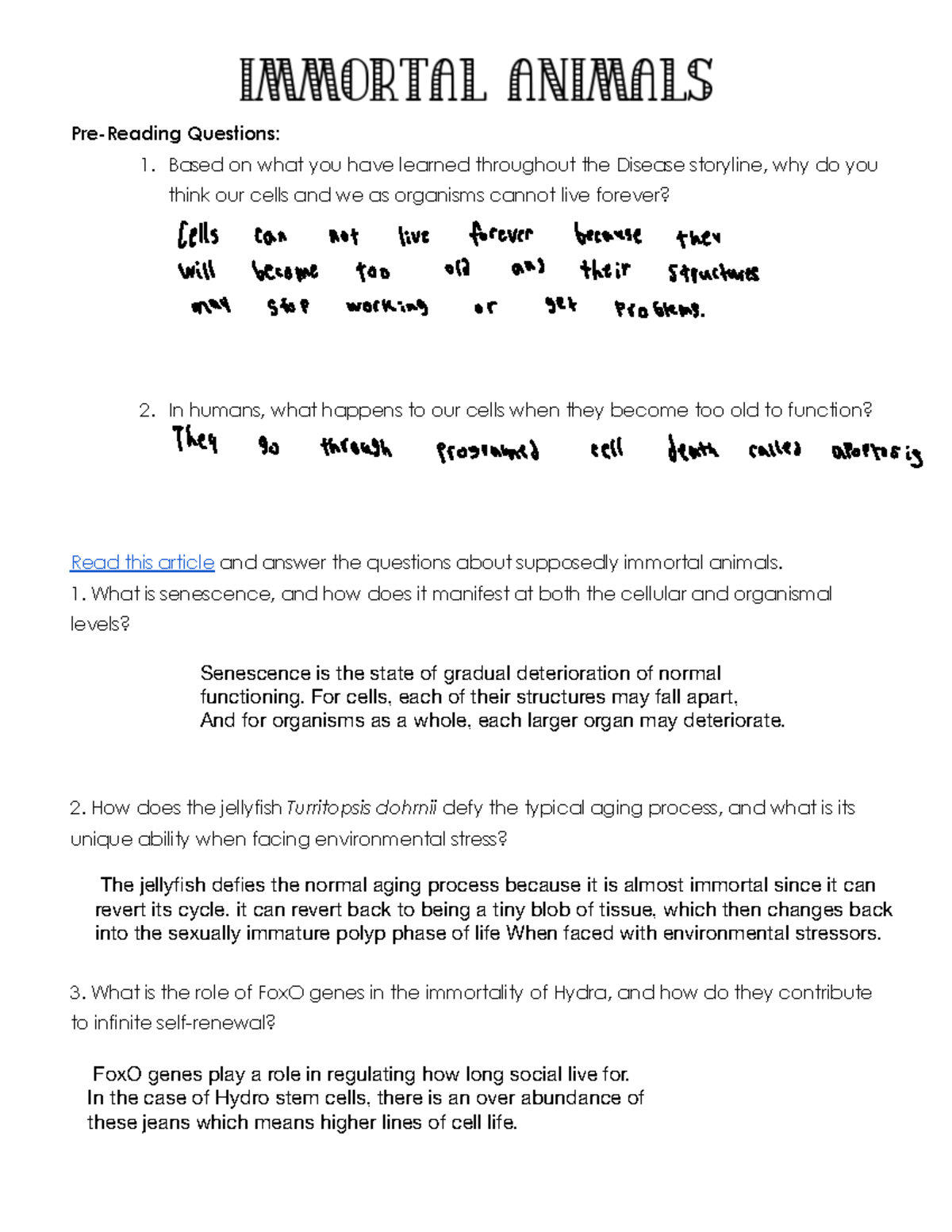 Immortal+Animals+Reading - Pre-Reading Questions: 1. Based on what you ...