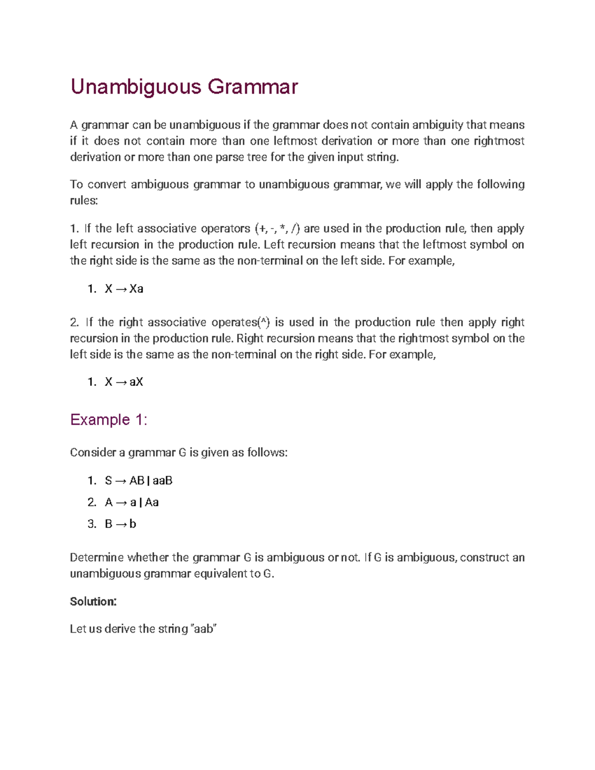 Question BANK – 3(Part 08) - Unambiguous Grammar A grammar can be ...