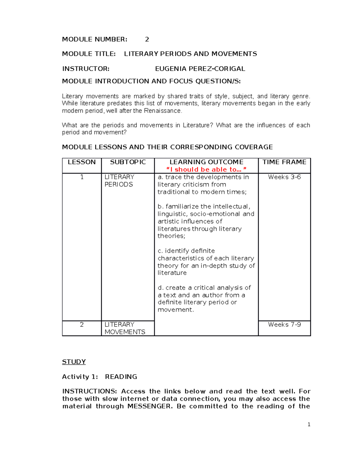 Lit - nothing - MODULE NUMBER: 2 MODULE TITLE: LITERARY PERIODS AND ...