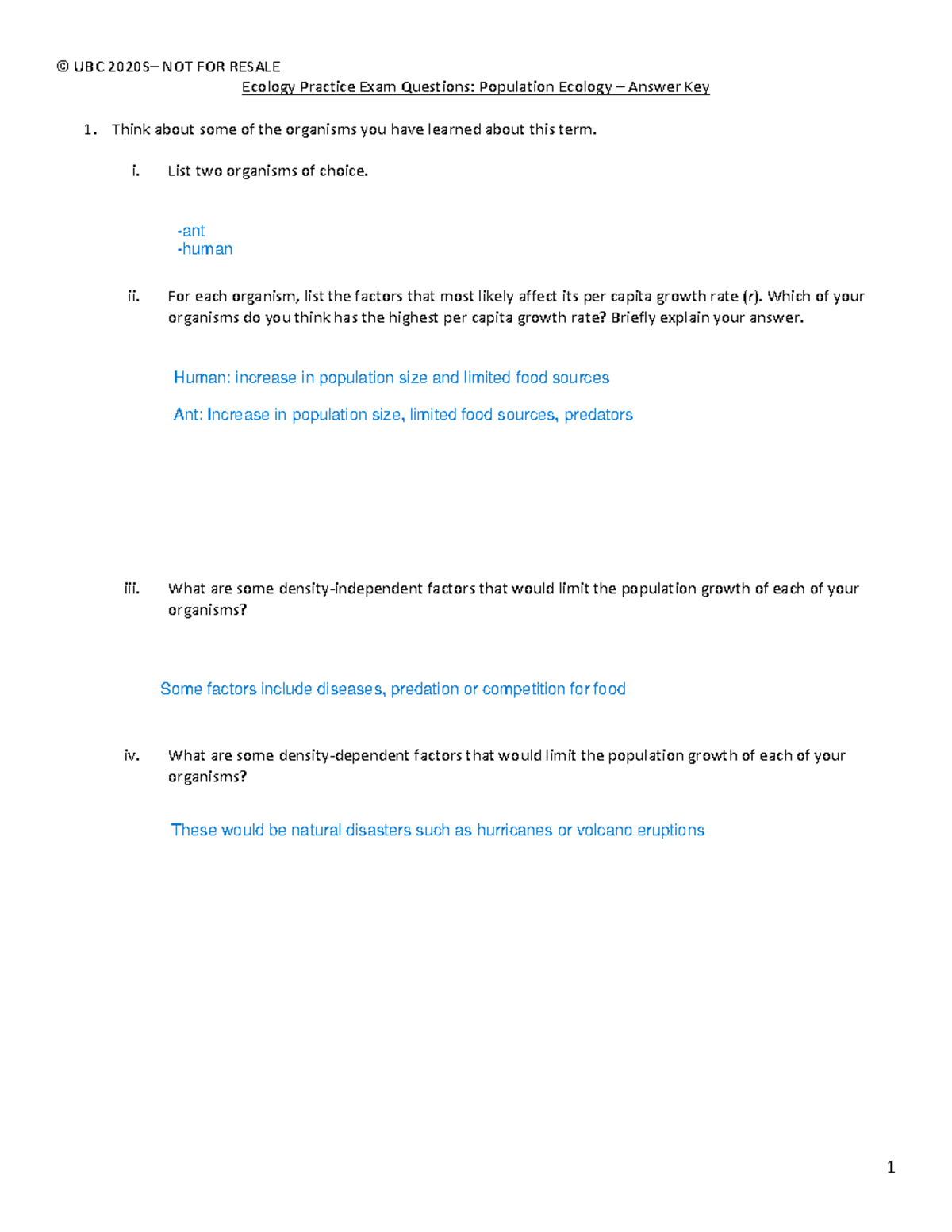 Ecology Practice Questions - Population Ecology - i. List two organisms ...