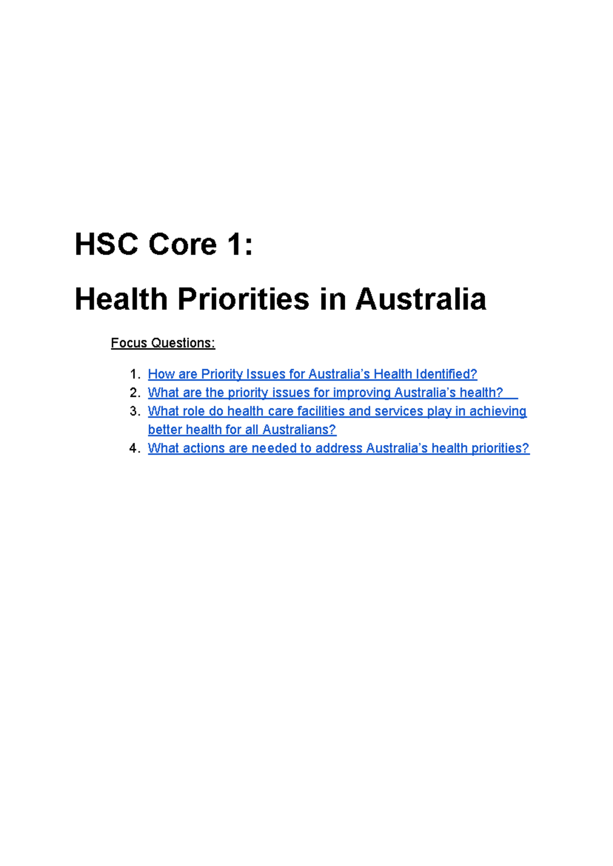 HSC Core 1 Health Priorities - How are Priority Issues for Australia’s ...