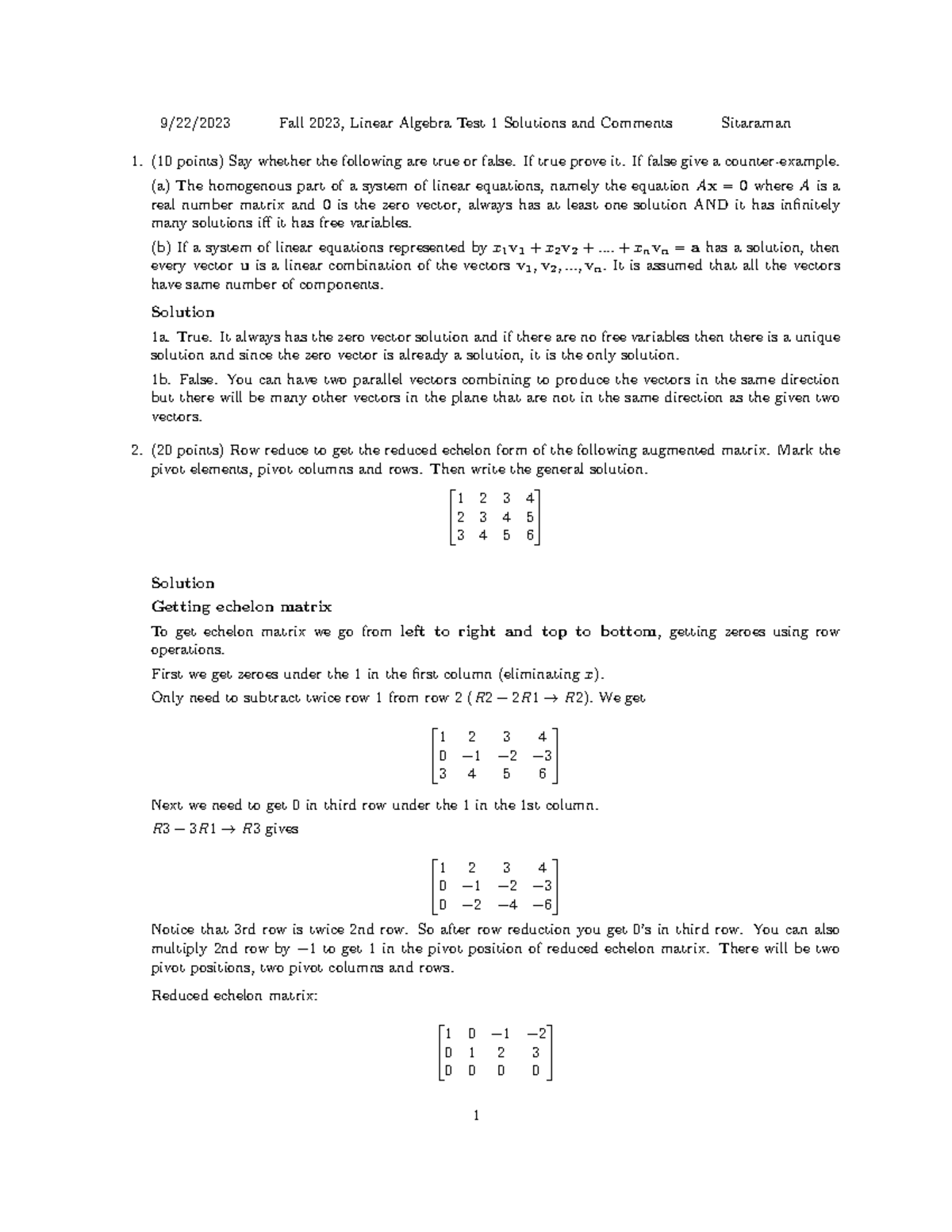 Linear-f23-test1s - TEST - 9/22/2023 Fall 2023, Linear Algebra Test 1 ...