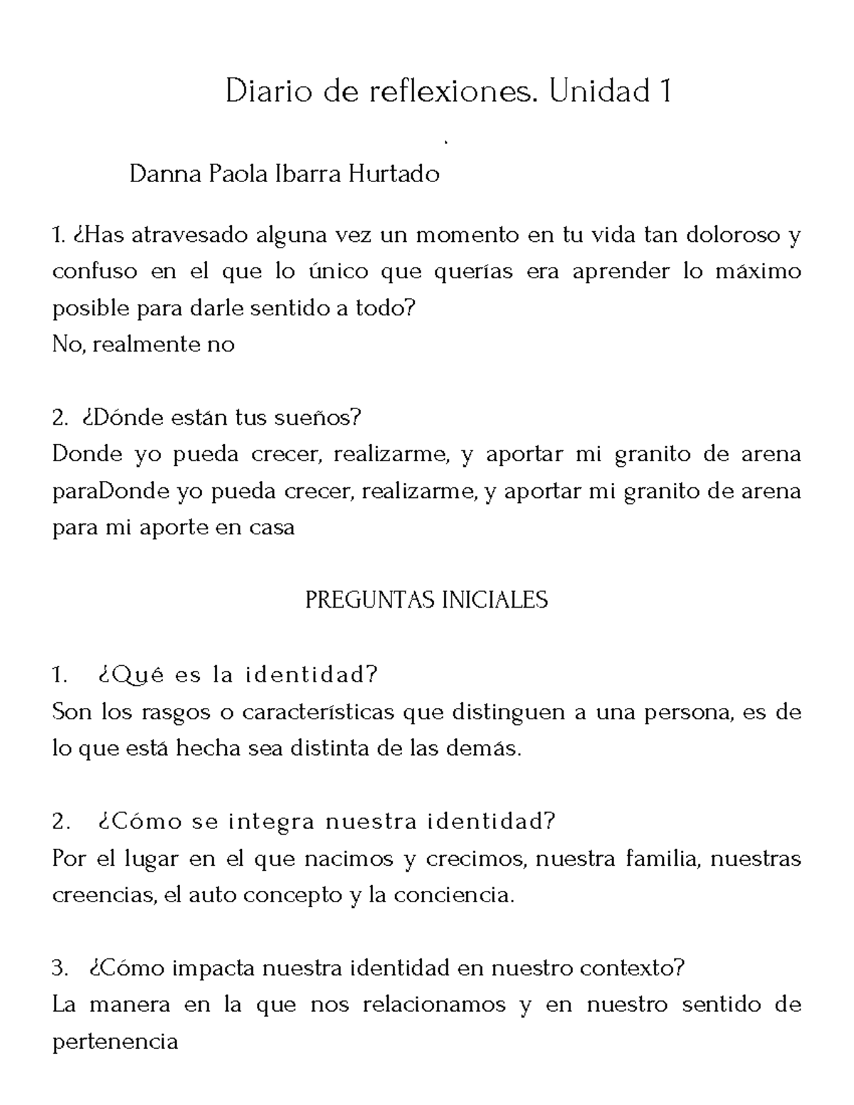 Diario de reflexion 1 - 1. ¿Has atravesado alguna vez un momento en tu vida tan doloroso y ...