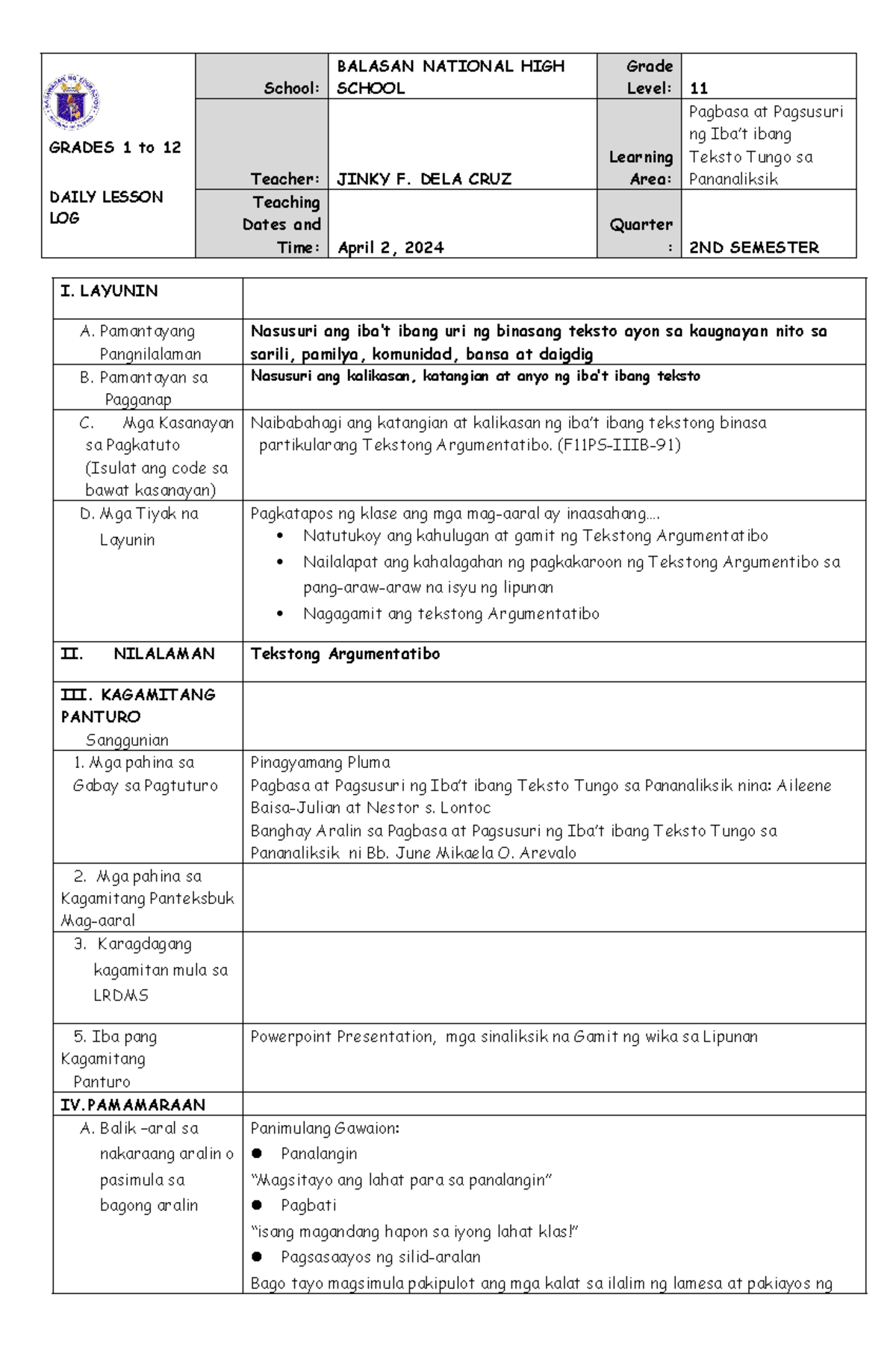 Tekstong argumentatibo 2nd COT..docx 2 - GRADES 1 to 12 DAILY LESSON LOG School: BALASAN ...
