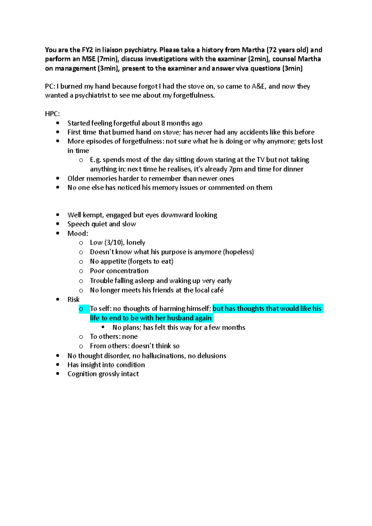 Pseudodementia Hx - Psych practice hx - Imperial - Studocu