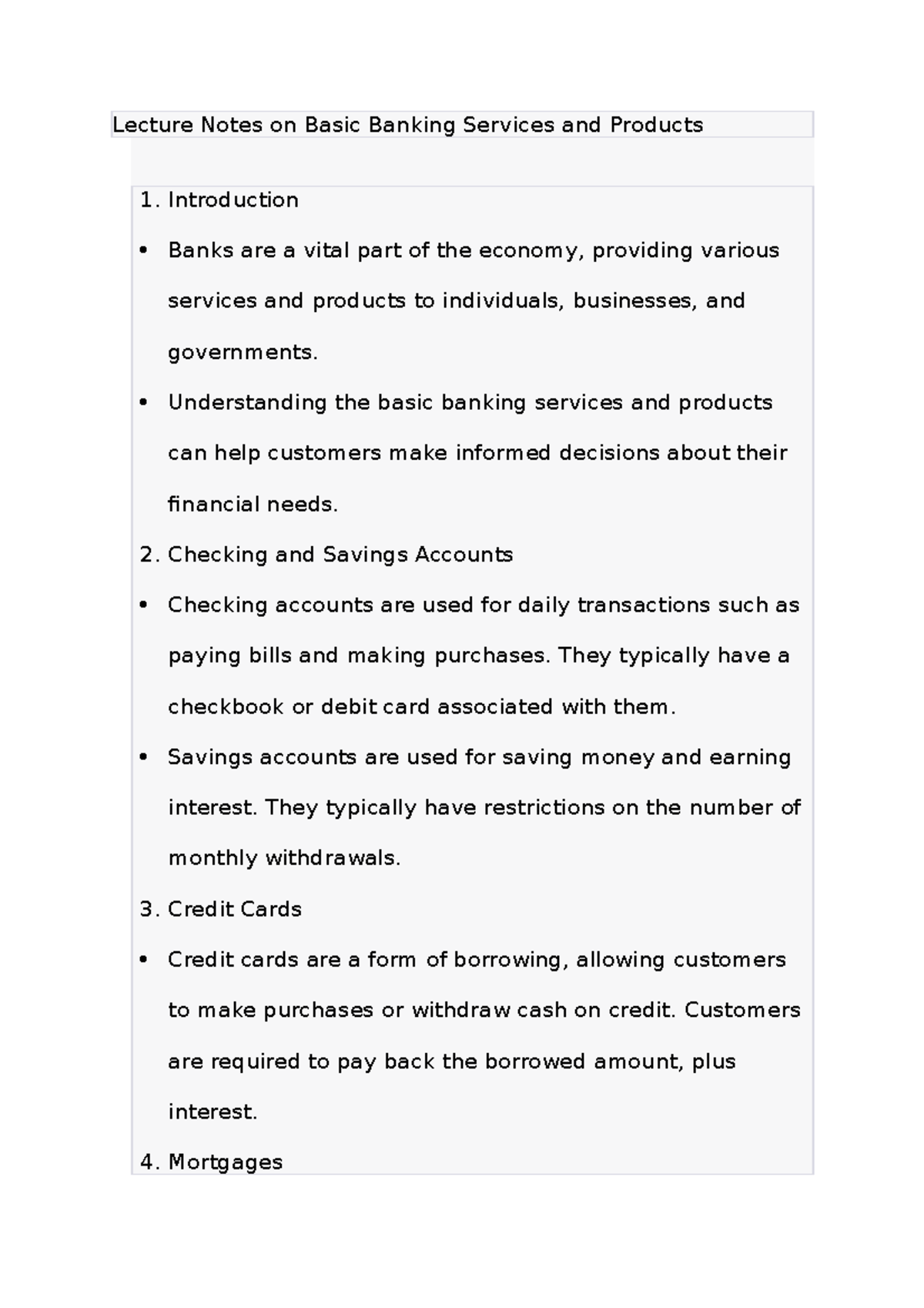 Lecture Notes On Basic Banking Services And Products Lecture Notes On