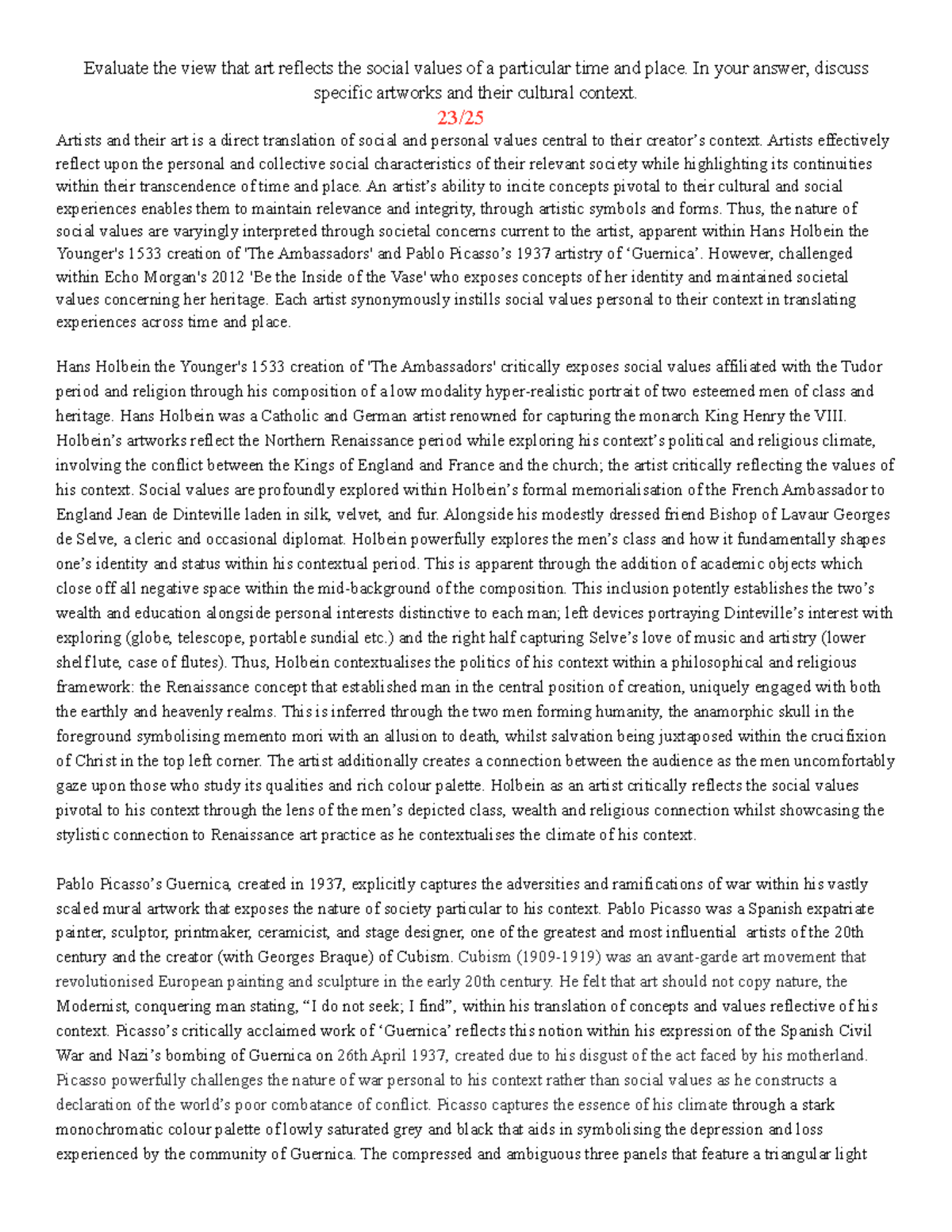 Visual Art Assessment Task 3 Exam 2021 - Evaluate the view that art ...