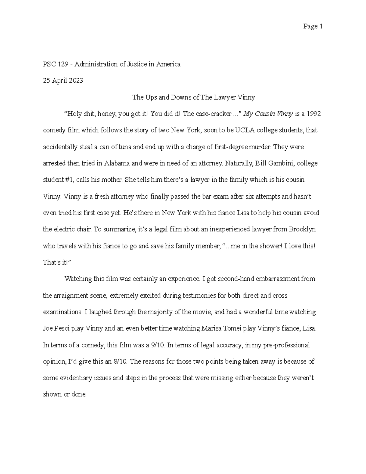 Copy of My Cousin Vinny Analysis - CRM 001 - Studocu