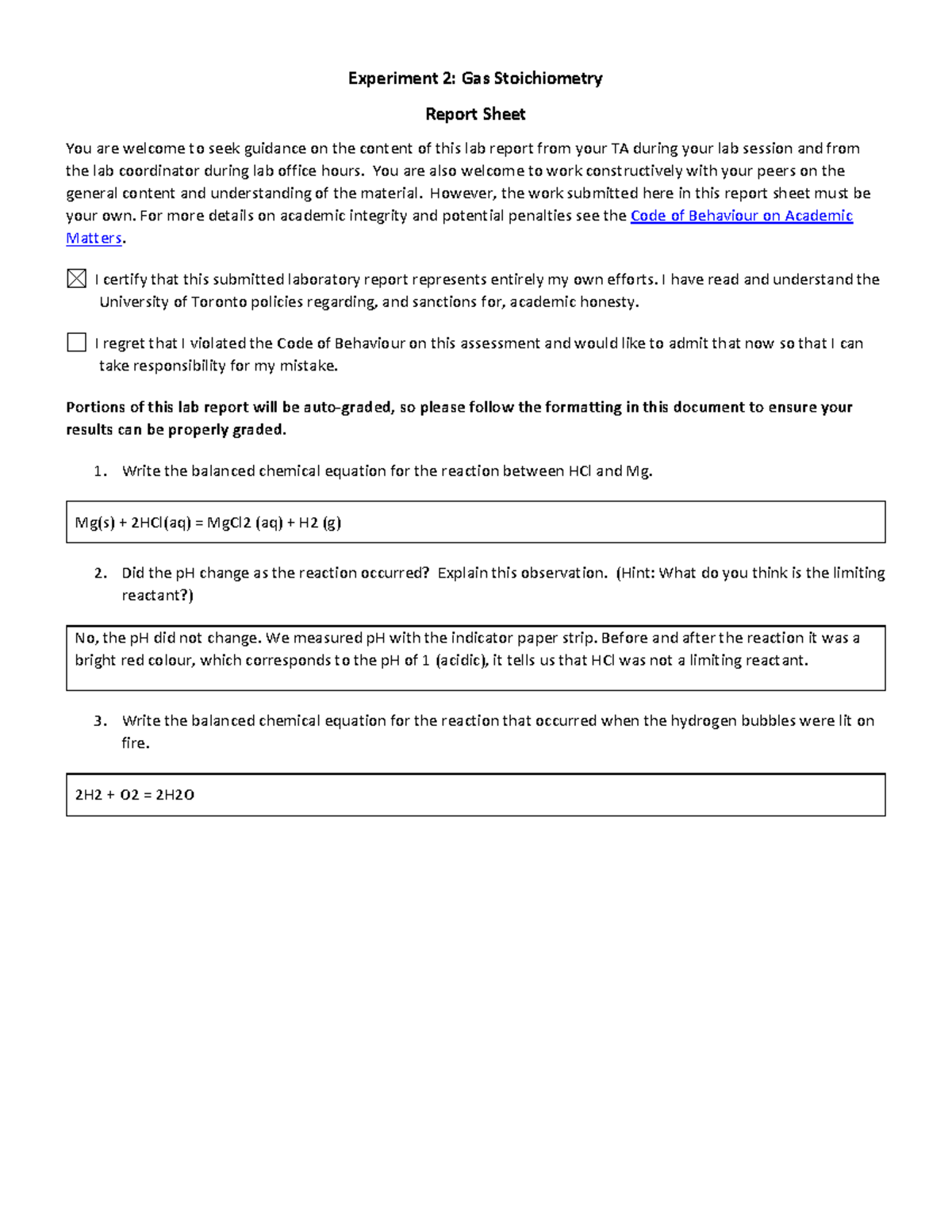 CHM135 Lab 2 Report Sheet - Experiment 2 : Gas Stoichiometry Report ...