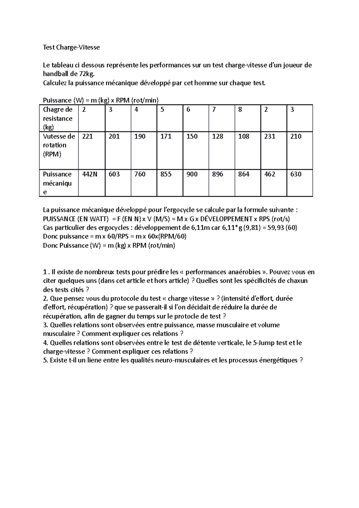 TD4 - Physiologie - Test Charge-Vitesse Le tableau ci dessous ...