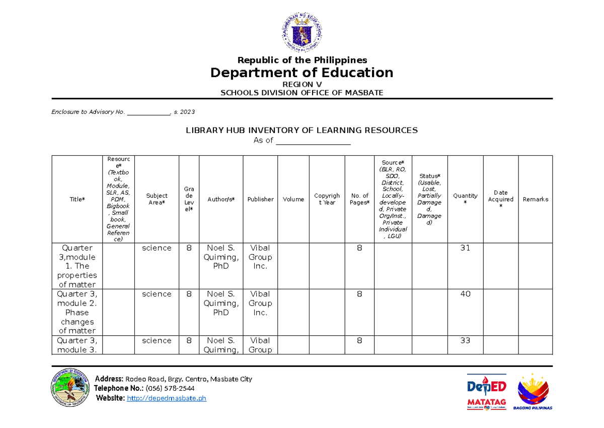 Library Hub Learning Resources - Department of Education REGION V SCHOOLS DIVISION OFFICE OF ...