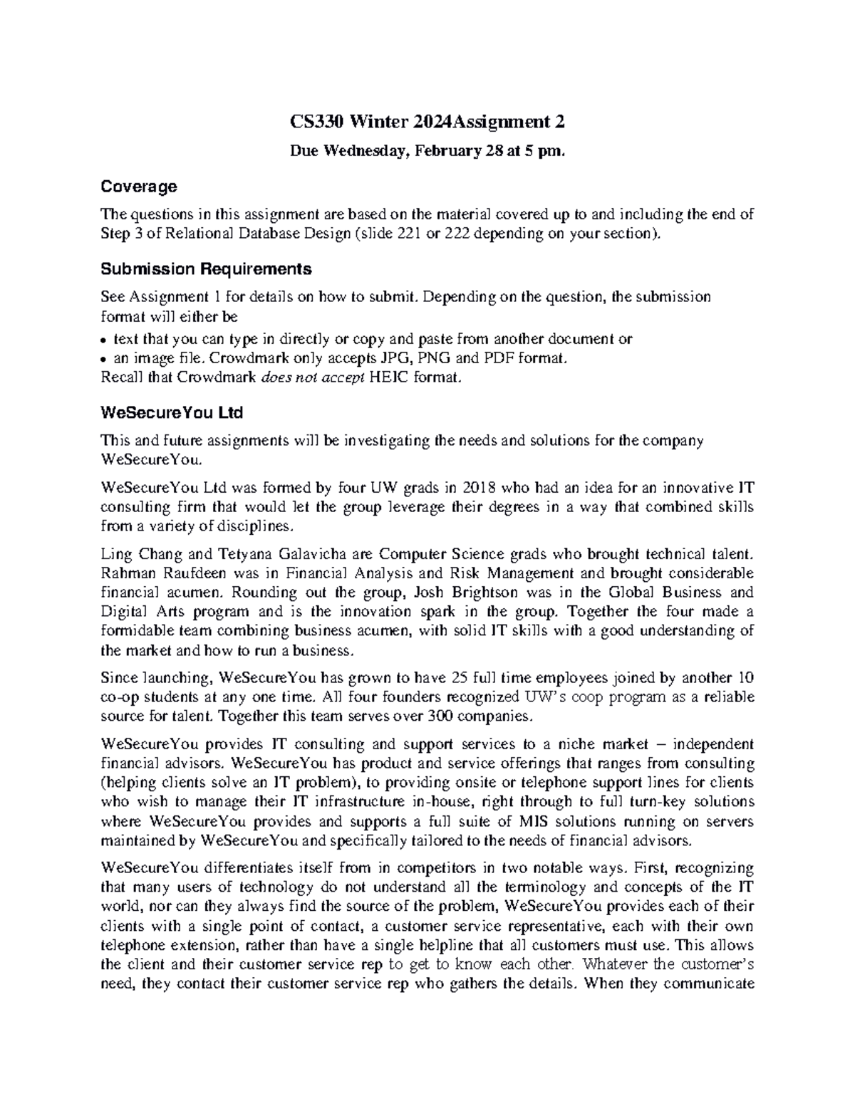 CS330 Assignment 2 W24 - CS3 30 Winter 2024Assignment 2 Due Wednesday, February 28 at 5 pm ...