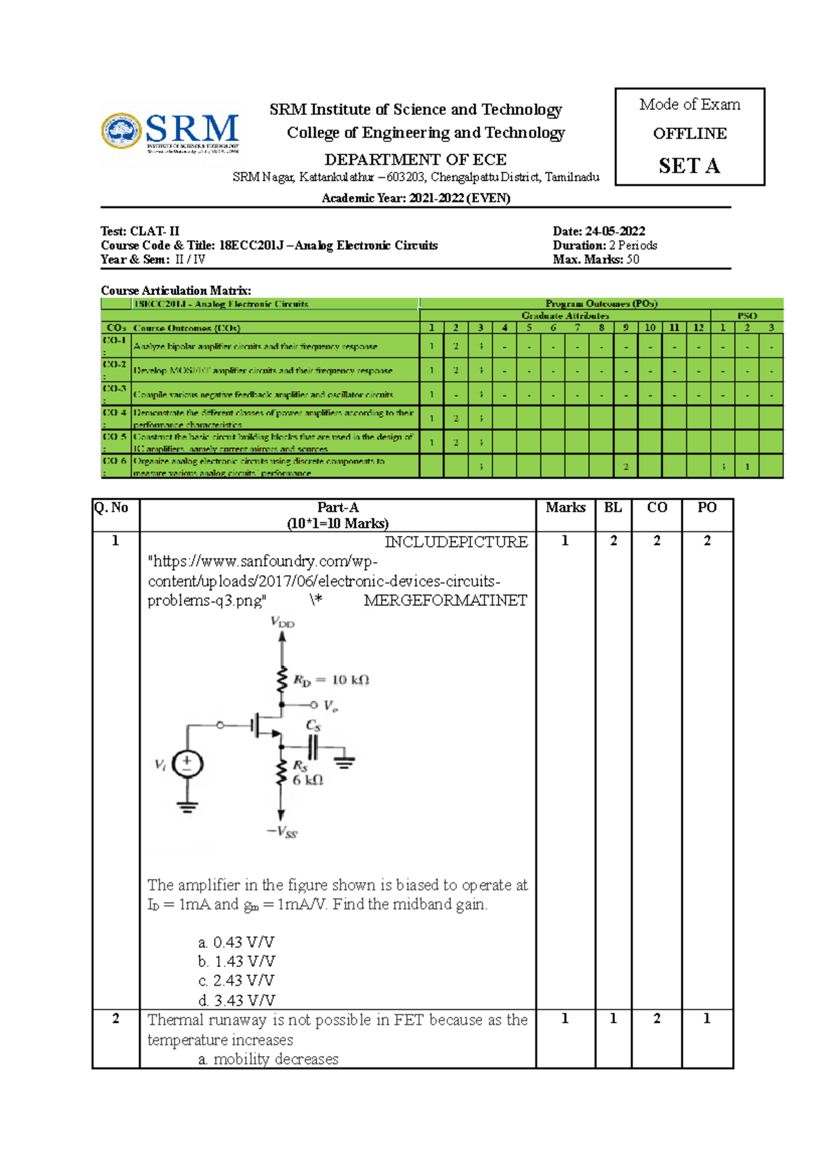 Ct2 Aec 18ece201j Set A Qp Srm Institute Of Science And Technology College Of Engineering And