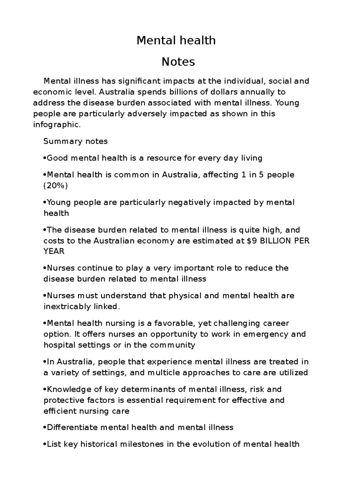 HNN222 nursing deakin notes - Mental health Notes Mental illness has ...