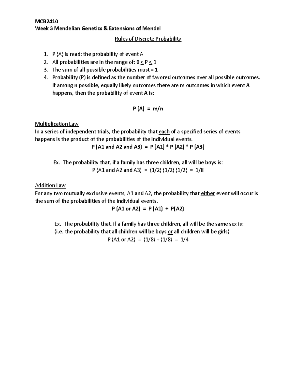 MCB 2410 Worksheet Packet S18Week3 - MCB Week 3 Mendelian Genetics ...