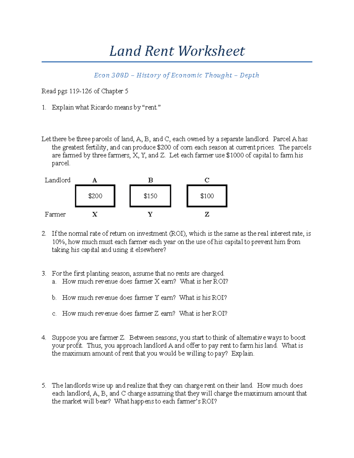 Land Rent worksheet - Land Rent Worksheet Econ 308D – History of ...