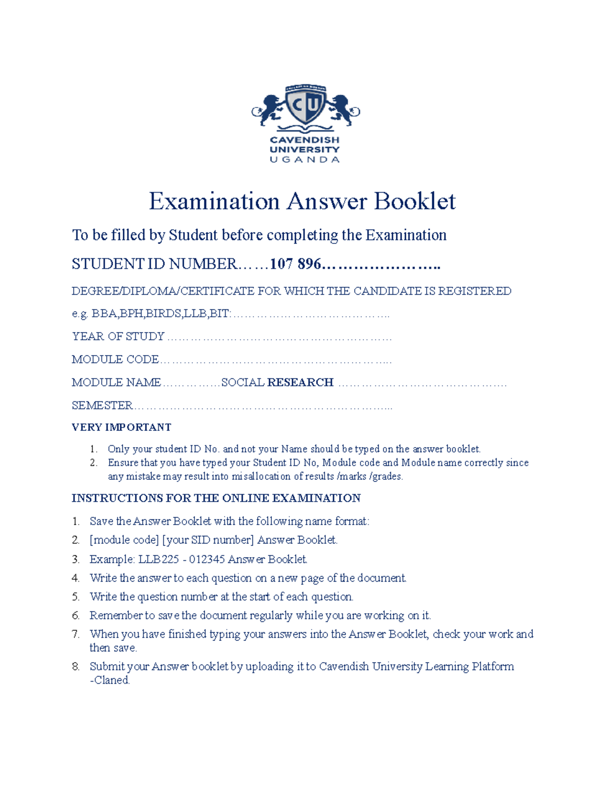 Social Research - Examination Answer Booklet To be filled by Student ...