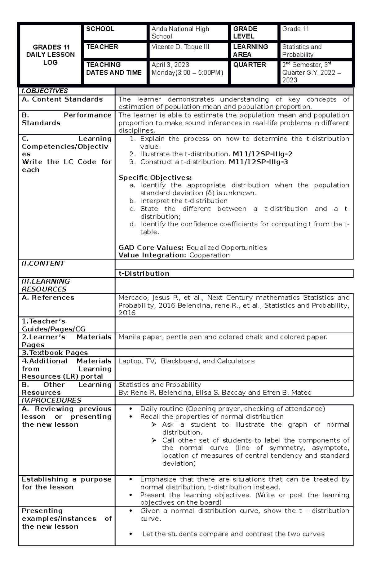 DLP in Statistics and Probability Final - GRADES 11 DAILY LESSON LOG ...