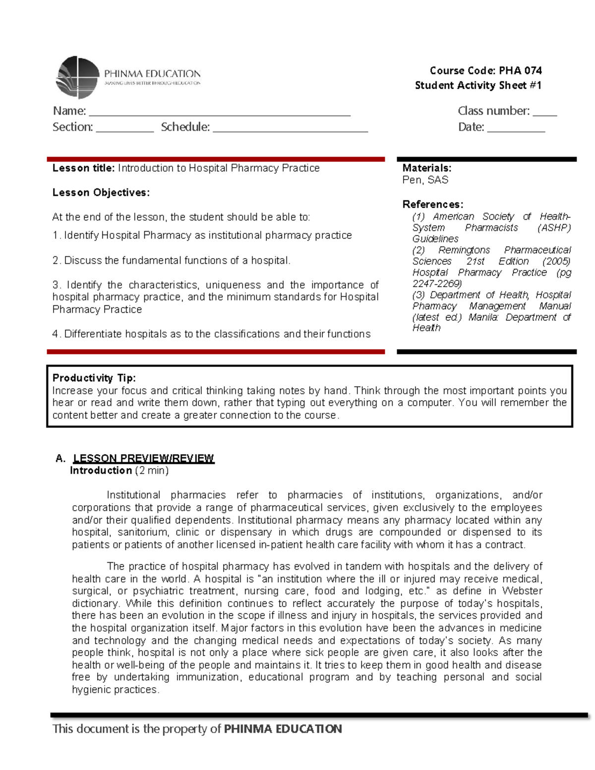 PHA 074 SAS 1 - SAS 1 - Student Activity Sheet # Name: - Studocu