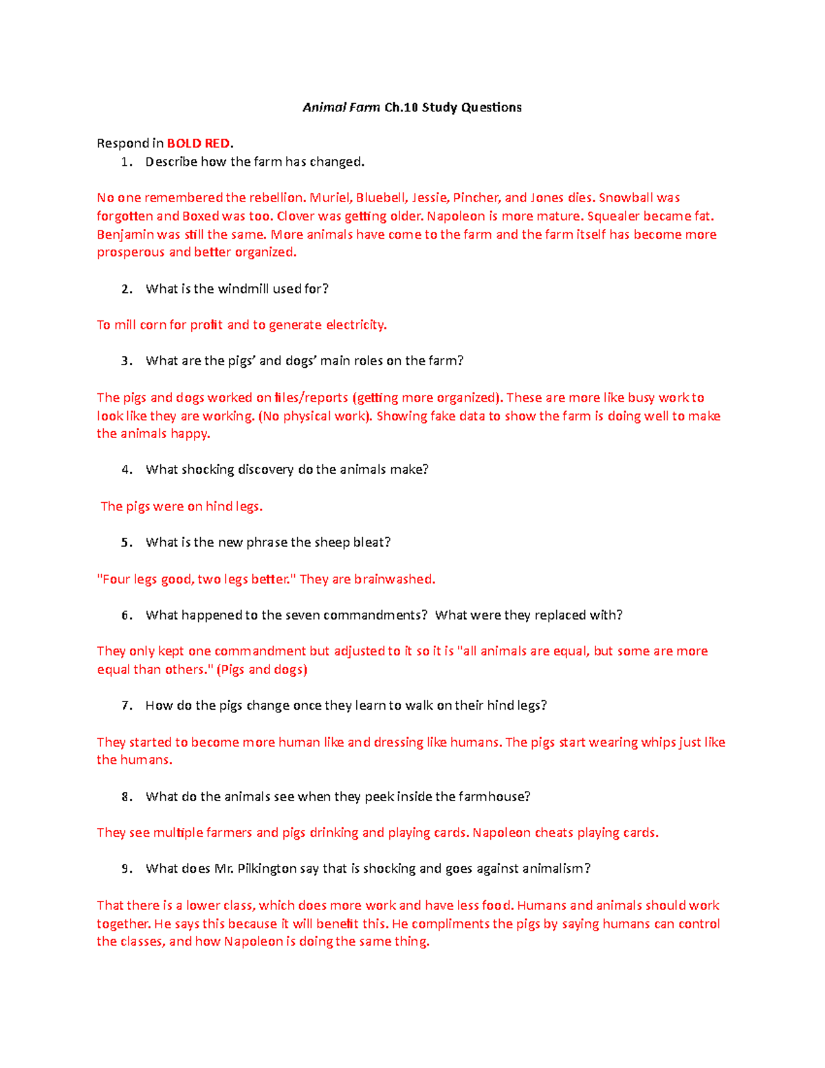 Animal Farm Ch10 Study Questions - Animal Farm Ch Study Questions ...