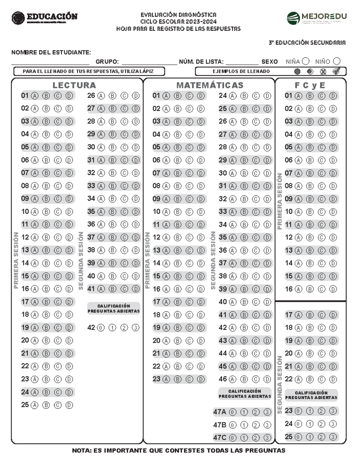 Hoja de respuestas Tercero - EVALUACIÓN DIAGNÓSTICA CICLO ESCOLAR 2023 ...