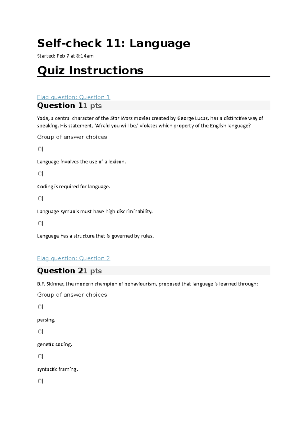 PSY2000 6 Quizzes 11 Language - Self-check 11: Language Started: Feb 7 at 8:14am Quiz ...
