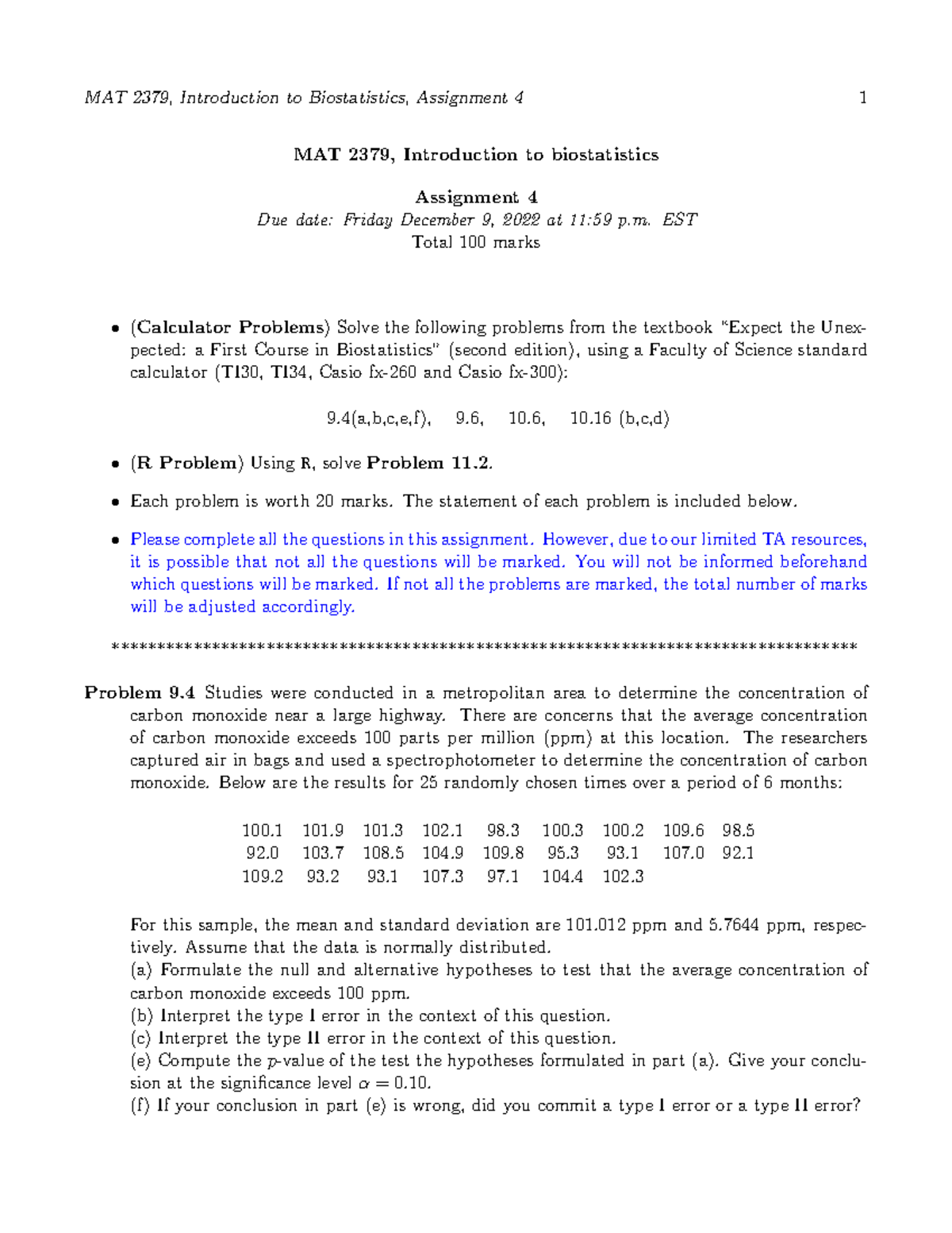 MATassign 4-2022 - MAT 2379, Introduction to Biostatistics, Assignment ...