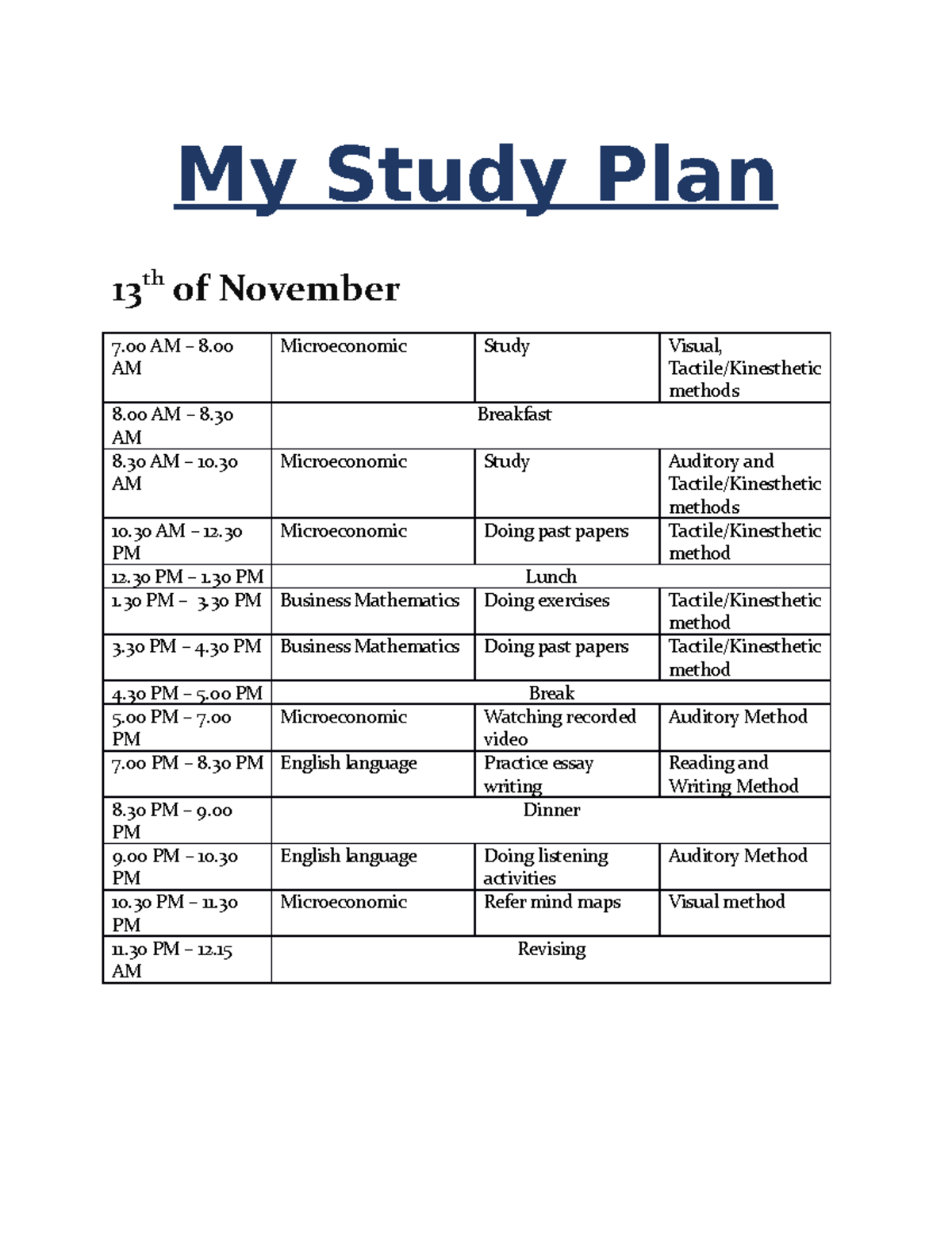 Study Plan - Learning skills - year 1 - Bachelor of Business ...