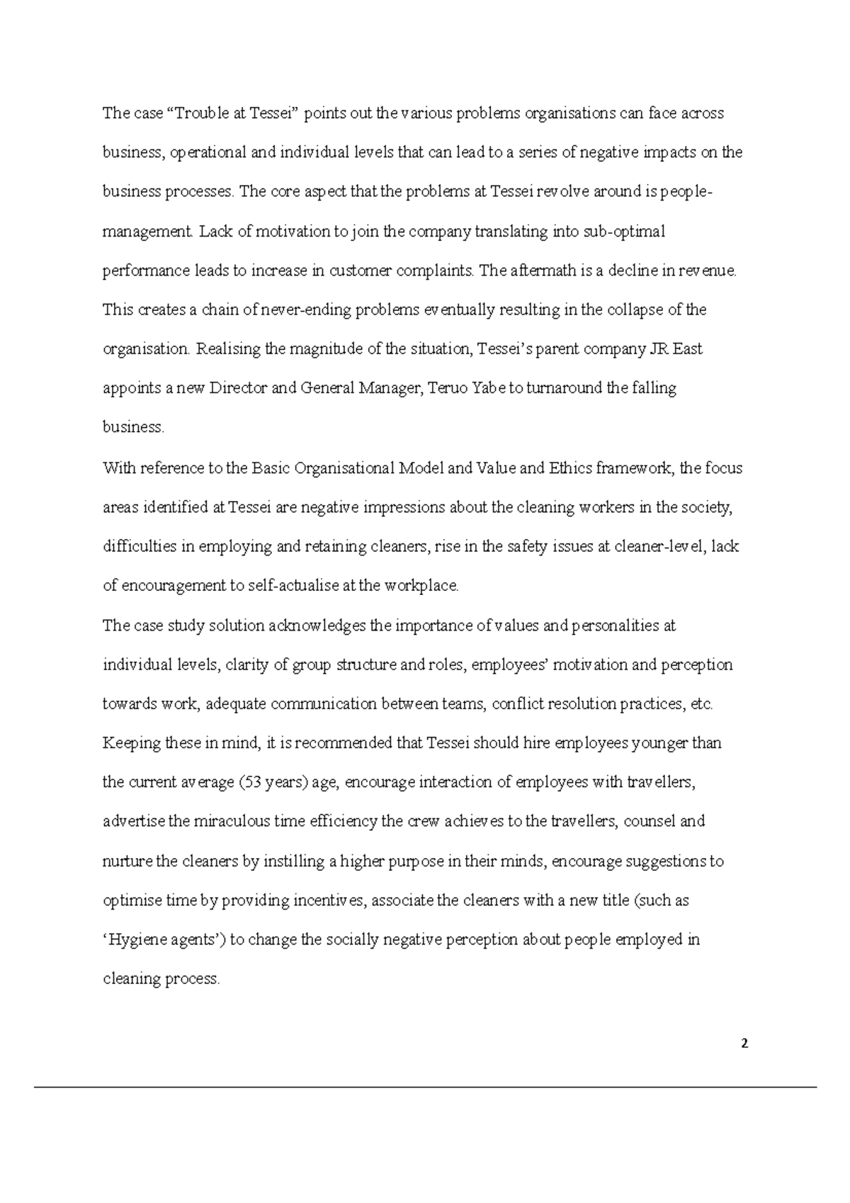 Managing Self and Teams - Trouble at Tessei - Report One - The case ...