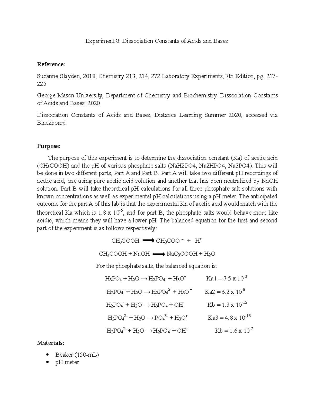 CHEM 2 lab 9 - Chemistry lab report - Experiment 8: Dissociation Constants of Acids and Bases ...