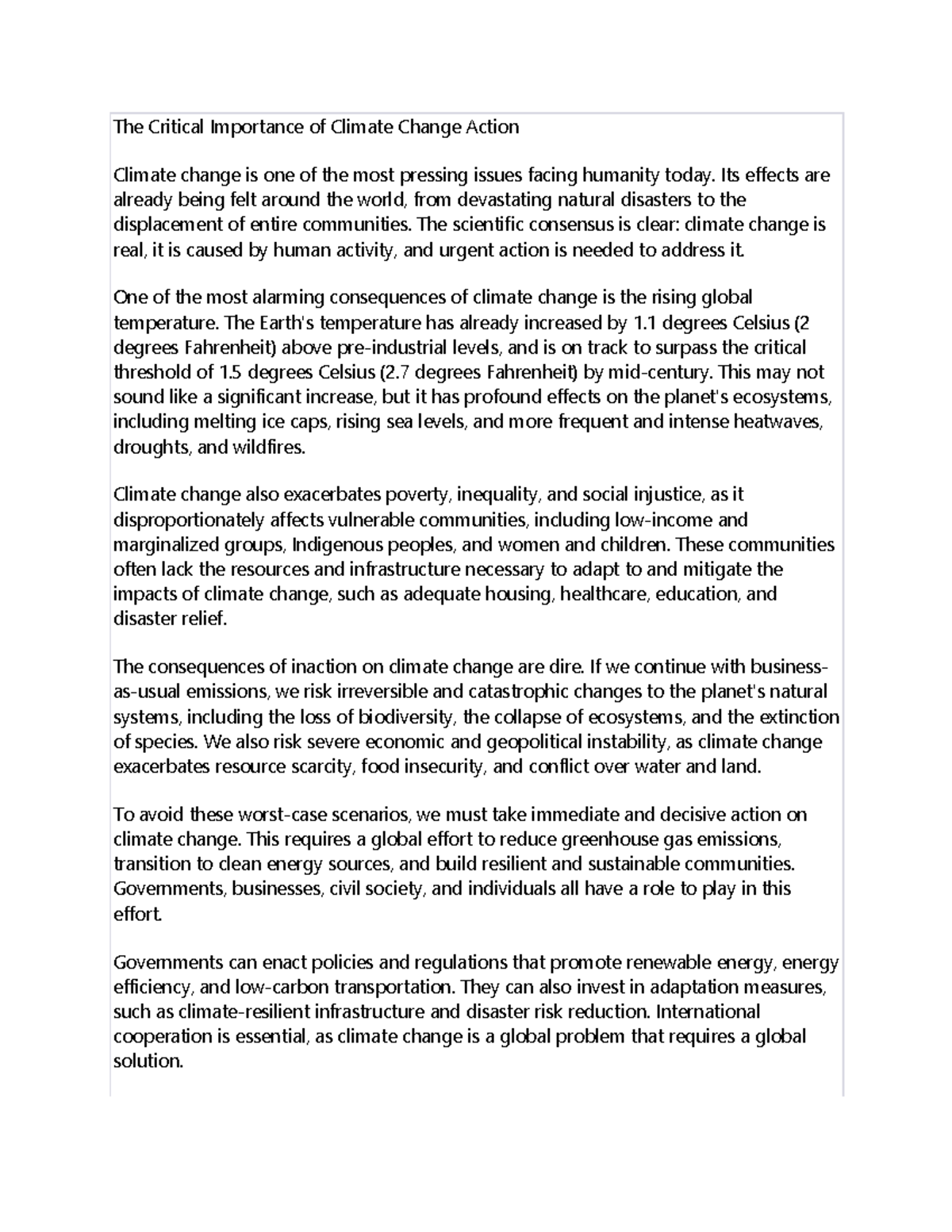 Doc2 - In class assignment - The Critical Importance of Climate Change ...