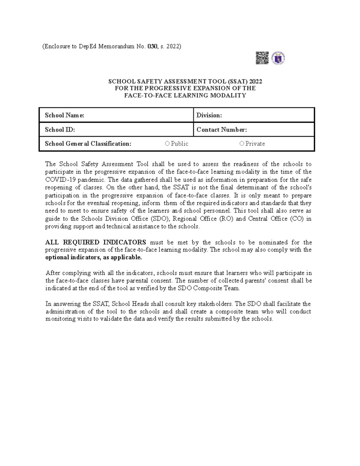 SSM Template 2a - School Safety Assessment Tool - (Enclosure to DepEd ...